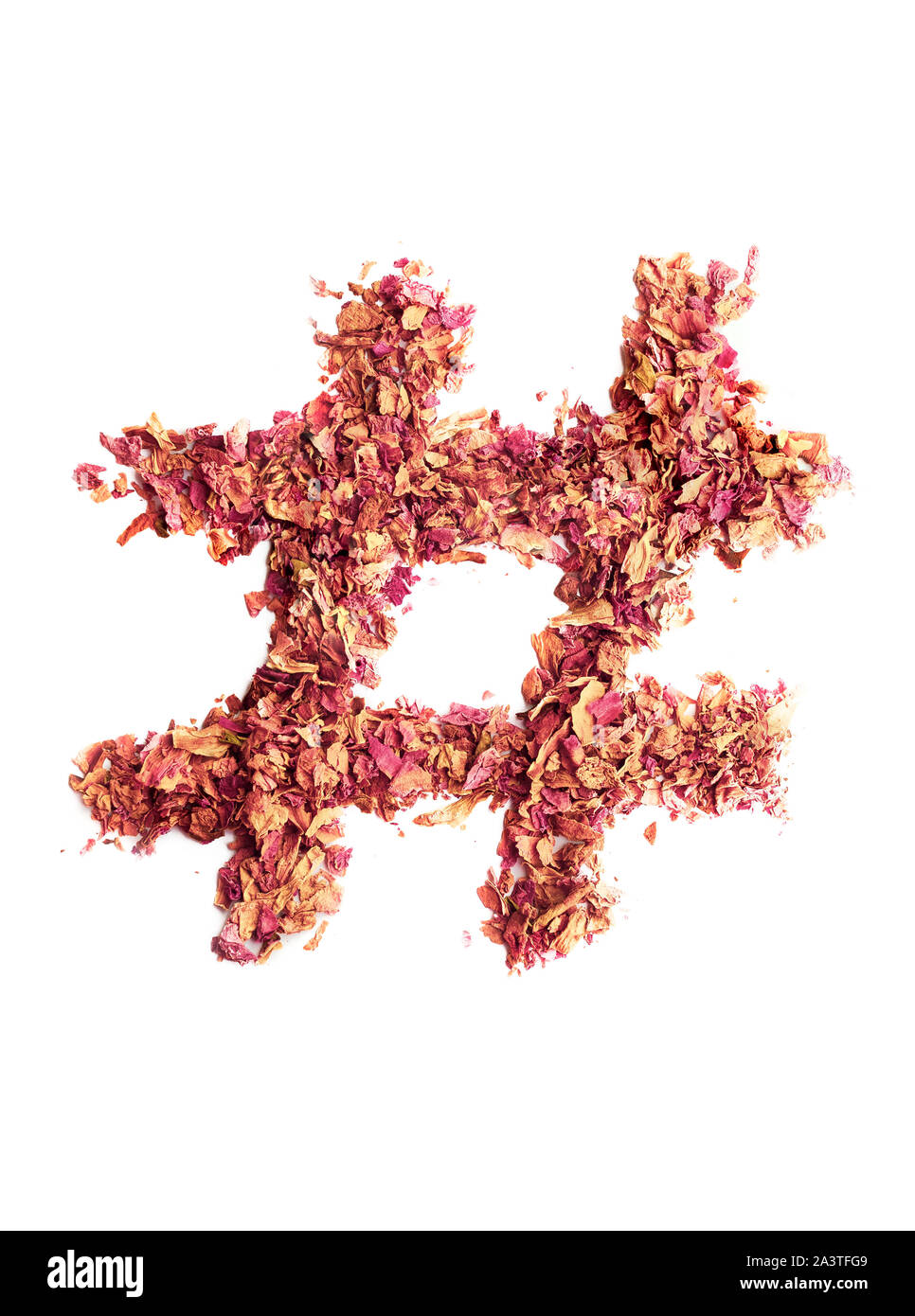 Hashtag sign # made of rose petals, isolated on white background. Food ...