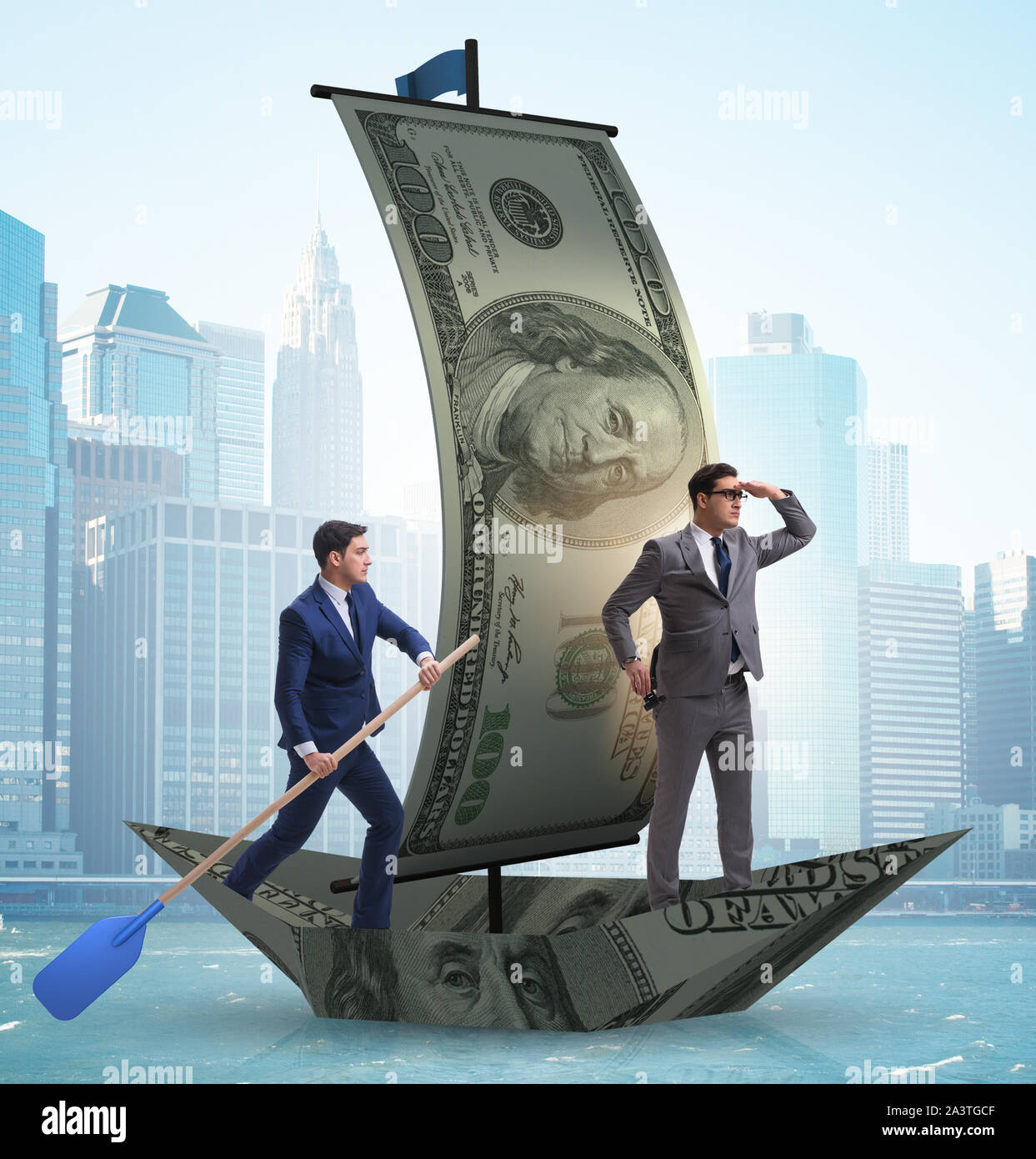 Business partnership with businessmen sailing on dollar boat Stock ...