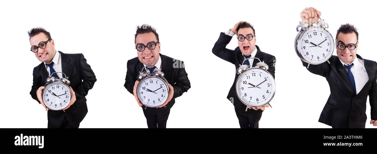 The man with alarm clock isolated on white Stock Photo - Alamy