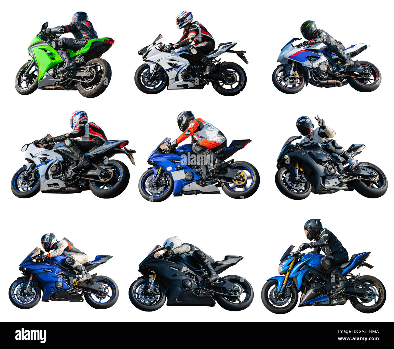 collage riders on sportbikes, white isolated background Stock Photo - Alamy