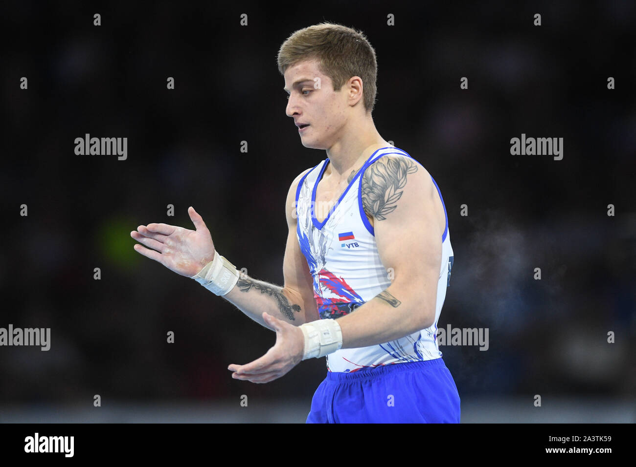 October 9, 2019: IVAN STRETOVIC celebrates after his floor exercise ...