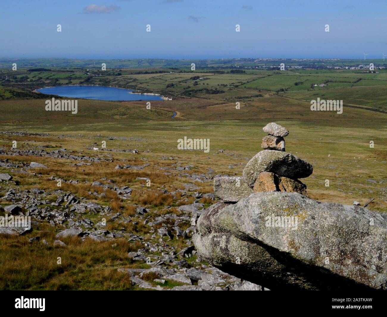 View from summit of Rough Tor toward lake in Stannon Works and ...