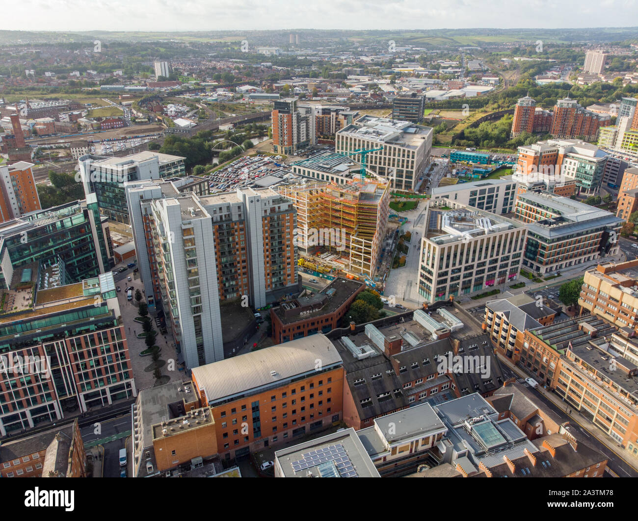 Aerial photo taken on the centre of Leeds in the UK, showing the ...