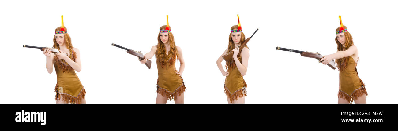 The indian woman with rifle on white Stock Photo - Alamy