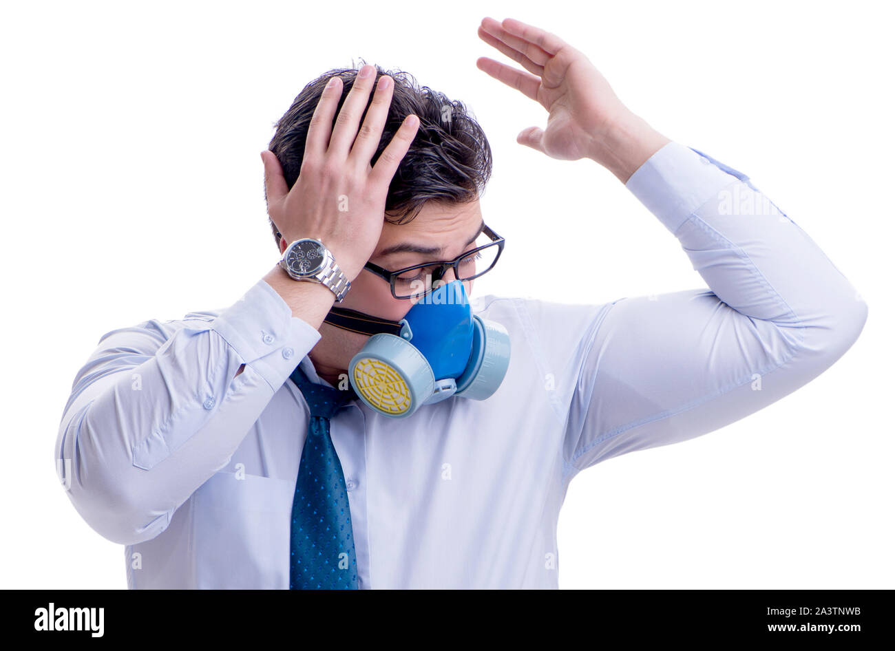 Businessman sweating excessively smelling bad isolated on white ...