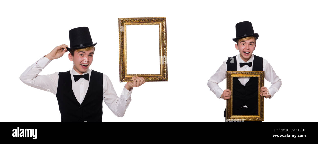 The guy with photo frame isolated on white Stock Photo - Alamy
