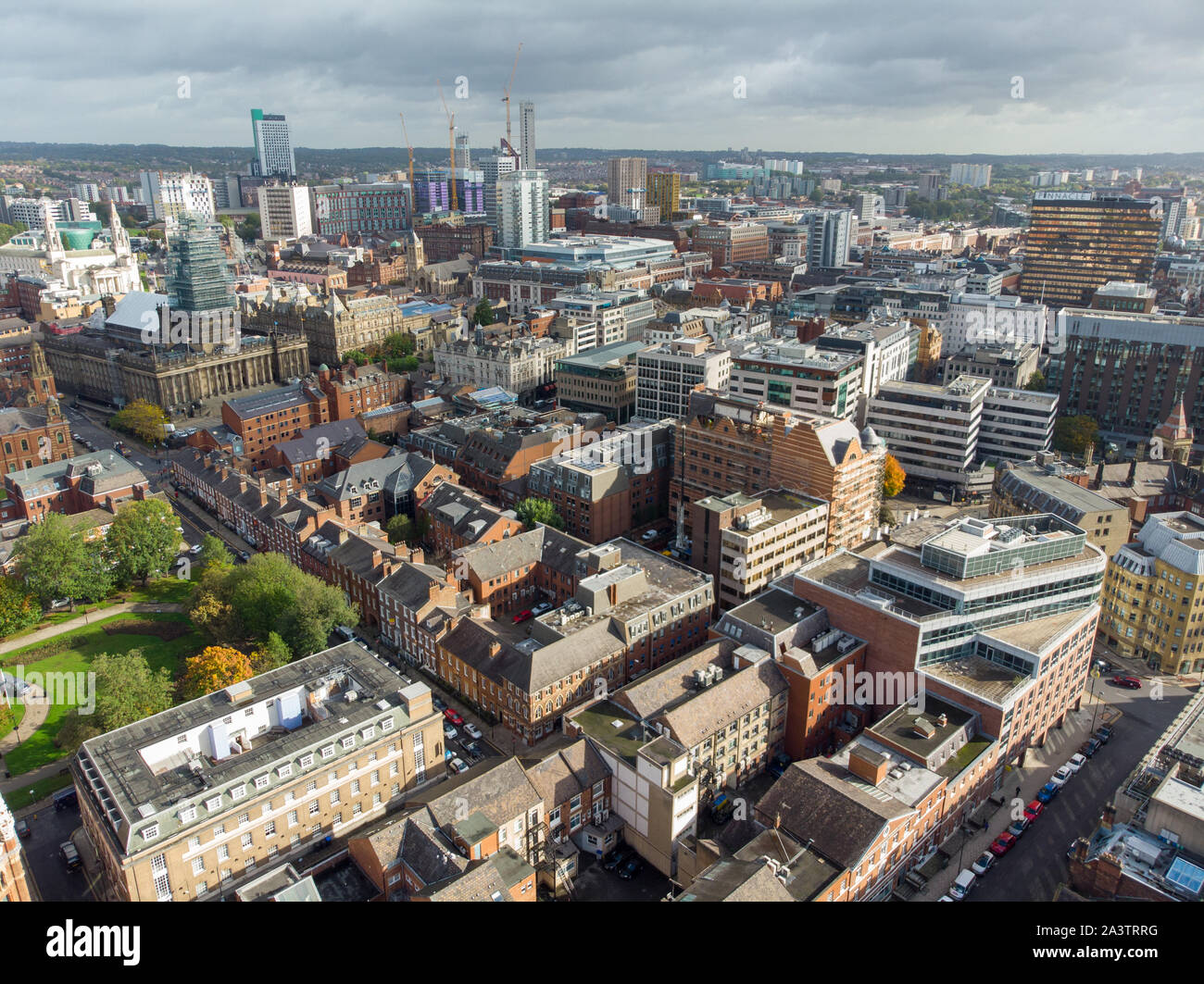 Aerial photo taken on the centre of Leeds in the UK, showing the ...
