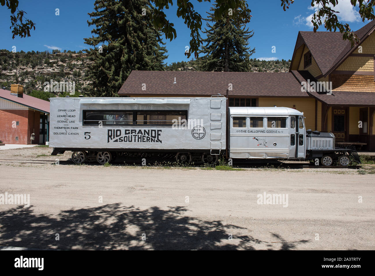 The Galloping Goose rail car outside the Rio Grande Southern Railroad ...