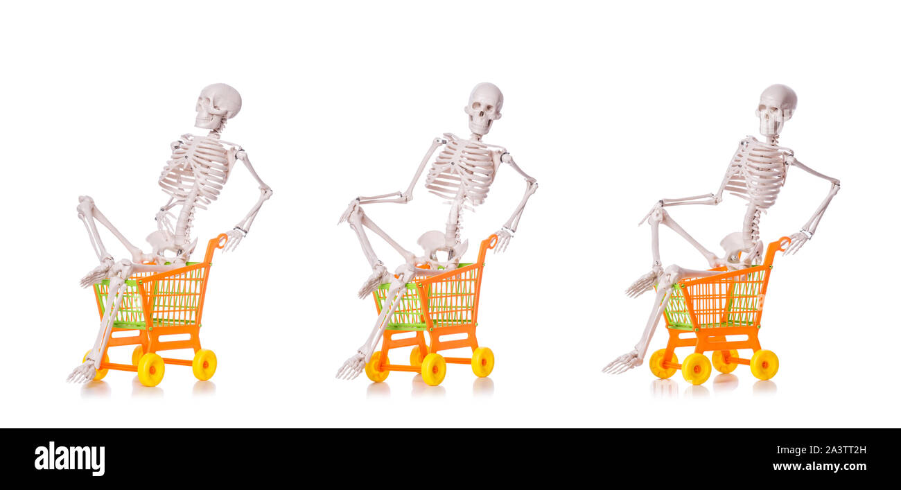 The skeleton with shopping cart trolley isolated on white Stock Photo ...