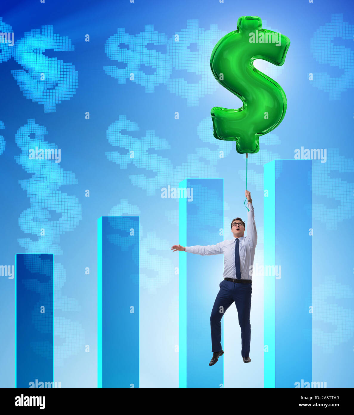 Businessman flying on dollar sign inflatable balloon over financials ...