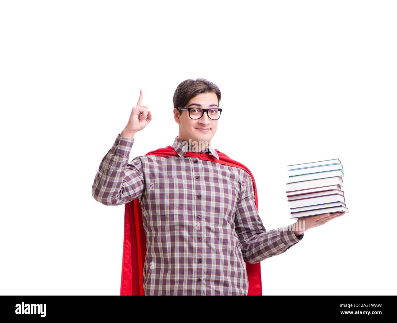 The super hero student with books isolated on white Stock Photo - Alamy
