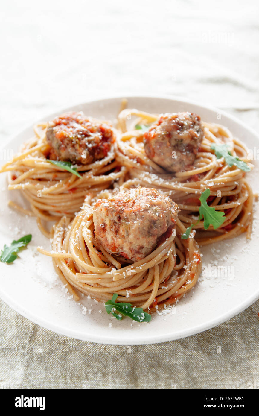 Original Italian Spaghetti With Meatballs In Tomato Sauce Stock Photo ...