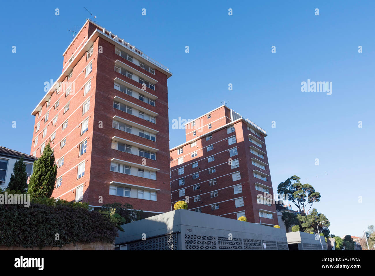 Twin post war unit blocks or apartment buildings in the harbourside ...