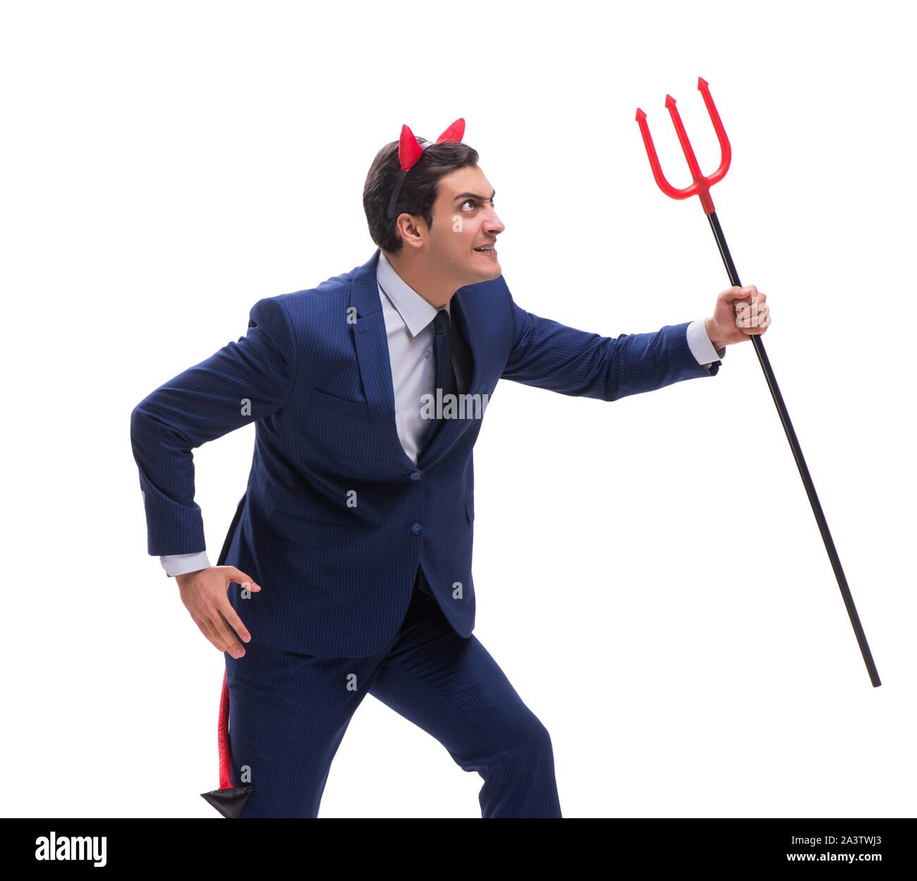 Evil devil businessman with pitchfork isolated on white background ...