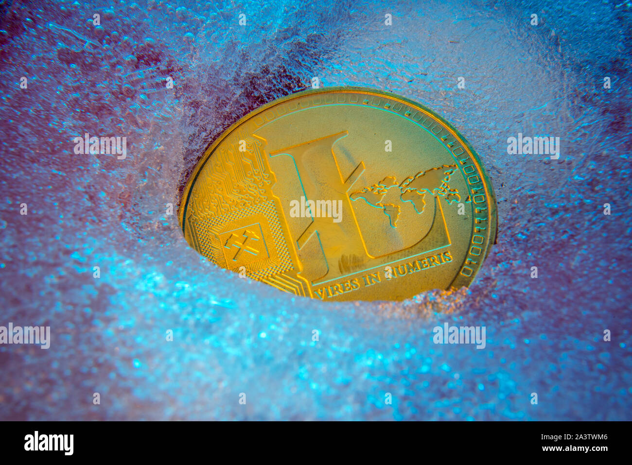 Golden Litecoin coin, lite coin online digital currency frozen in the ...