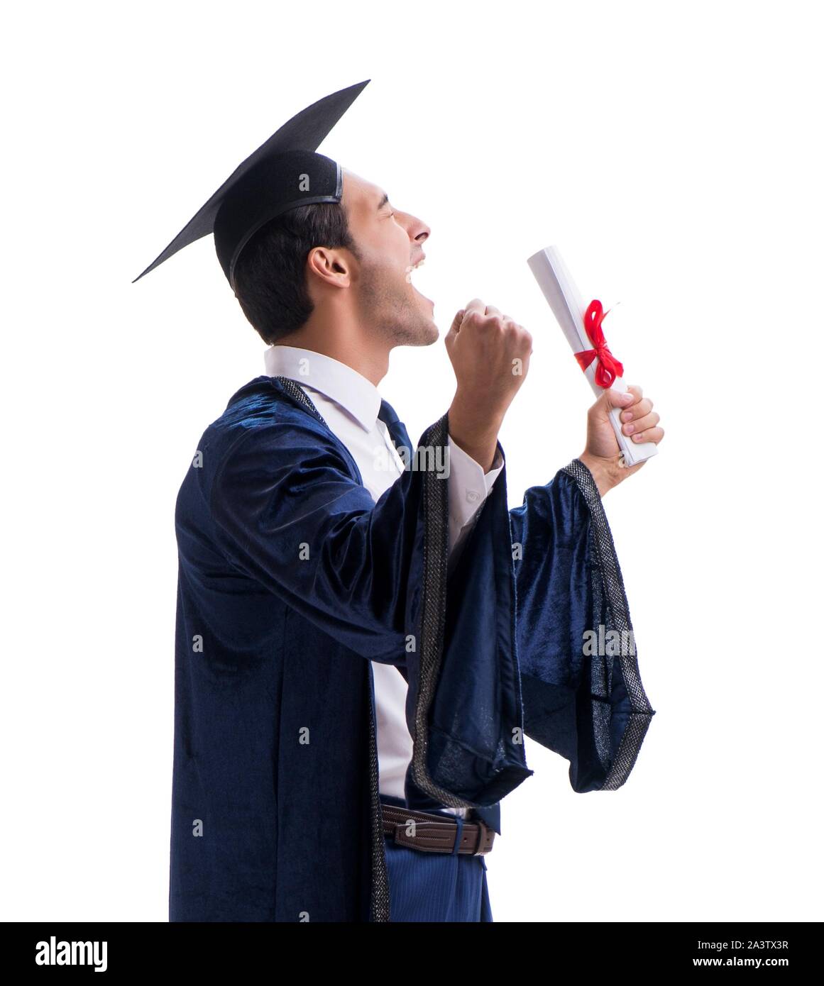 The student excited at his graduation isolated on white Stock Photo - Alamy