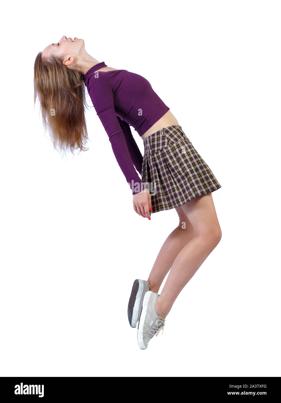 Side view of woman in zero gravity or a fall. girl is flying, falling ...