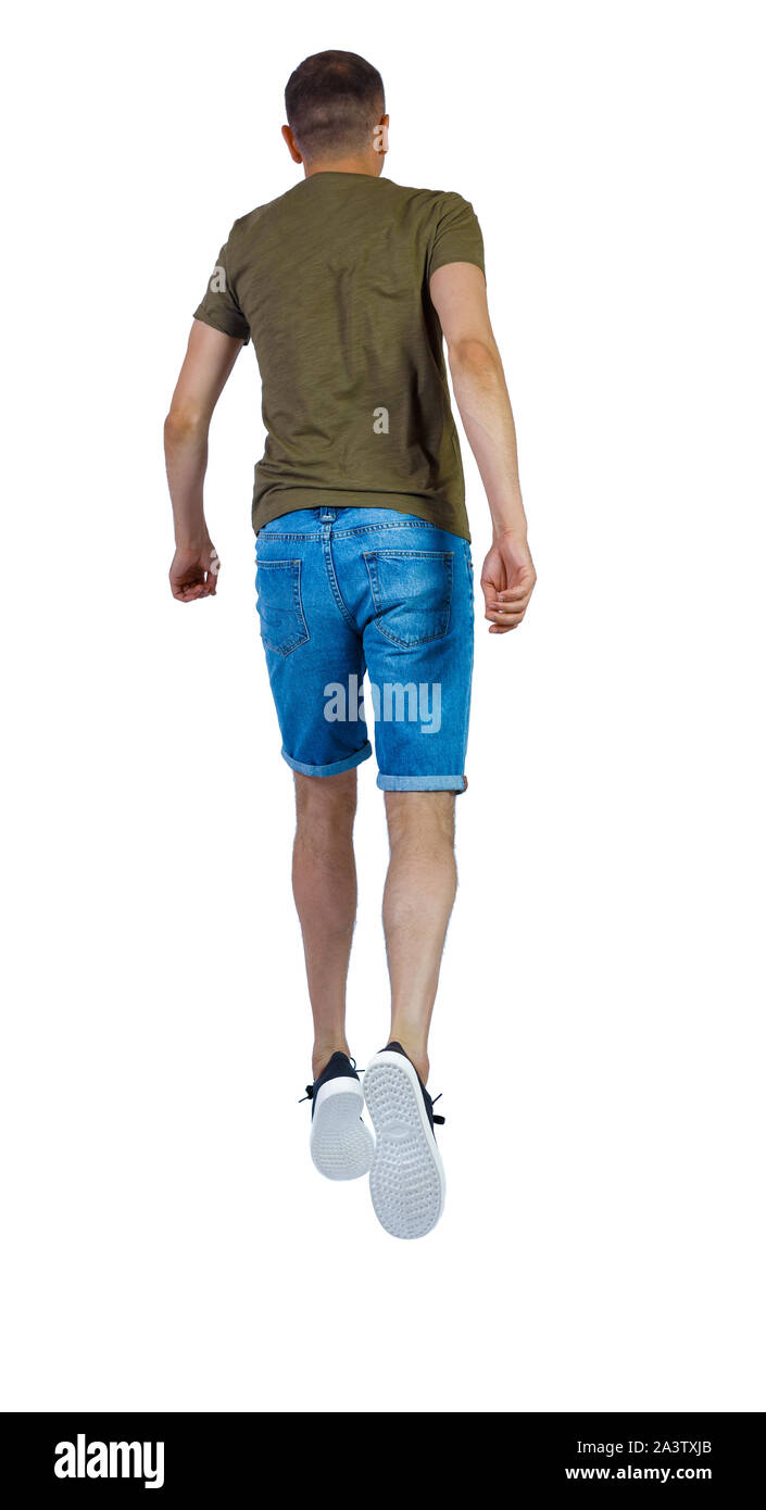 Back view of man in zero gravity or a fall. guy is flying, falling or ...