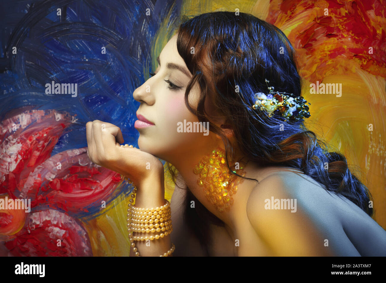 young woman with gypsy or mermaid makeup side view, closed eyes Stock ...