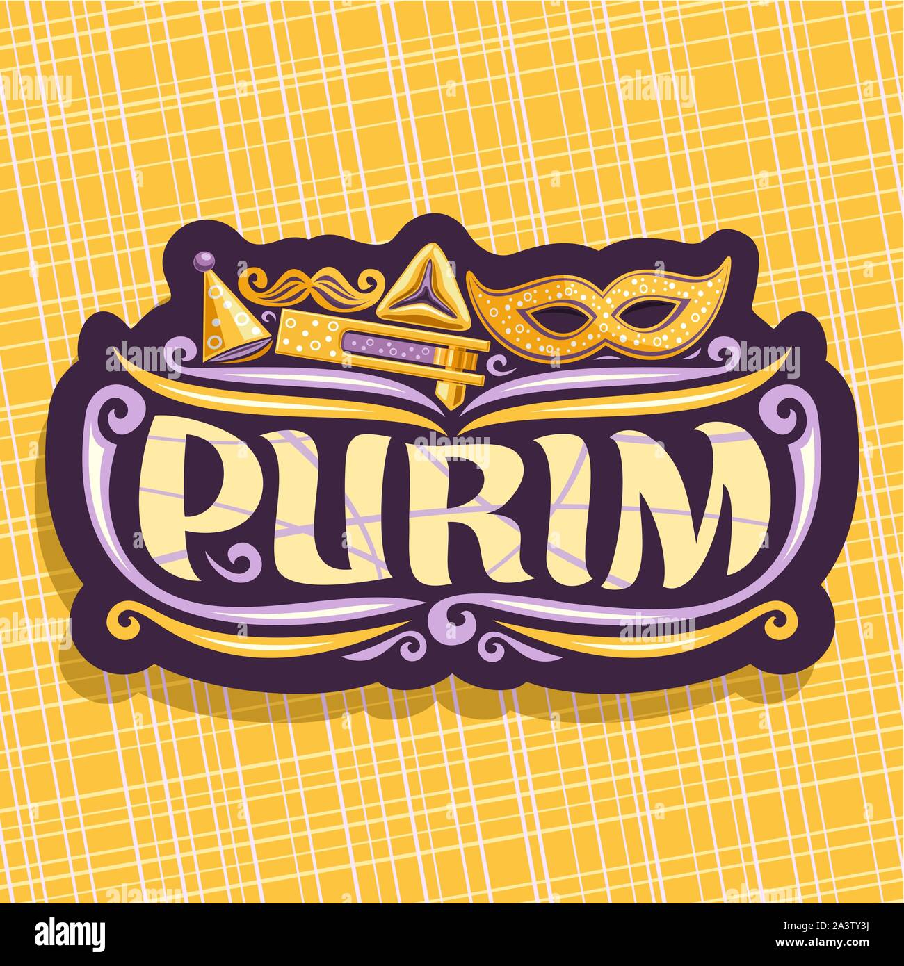 Vector logo for Purim holiday, cut label with carnival mask and clown ...
