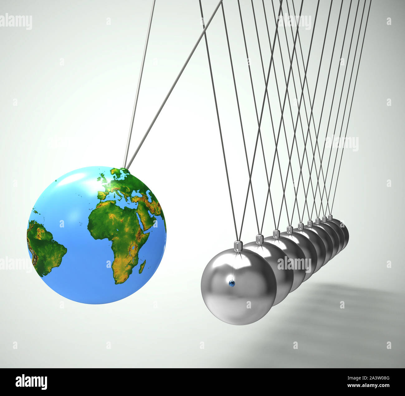 Newtons cradle pendulum with sphere or ball shows impact and effect ...