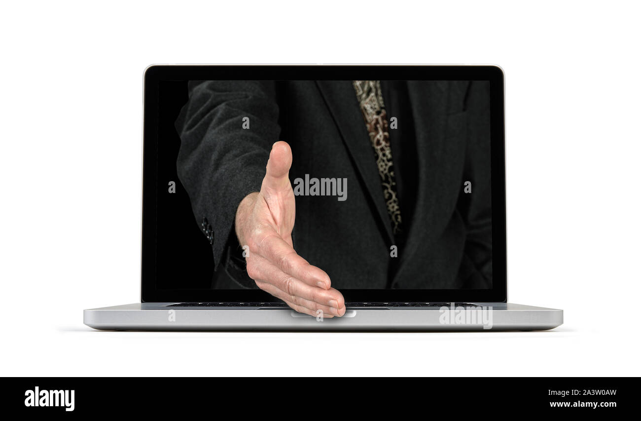 Laptop isolated on white with clipping path. Hand skaking on screen ...