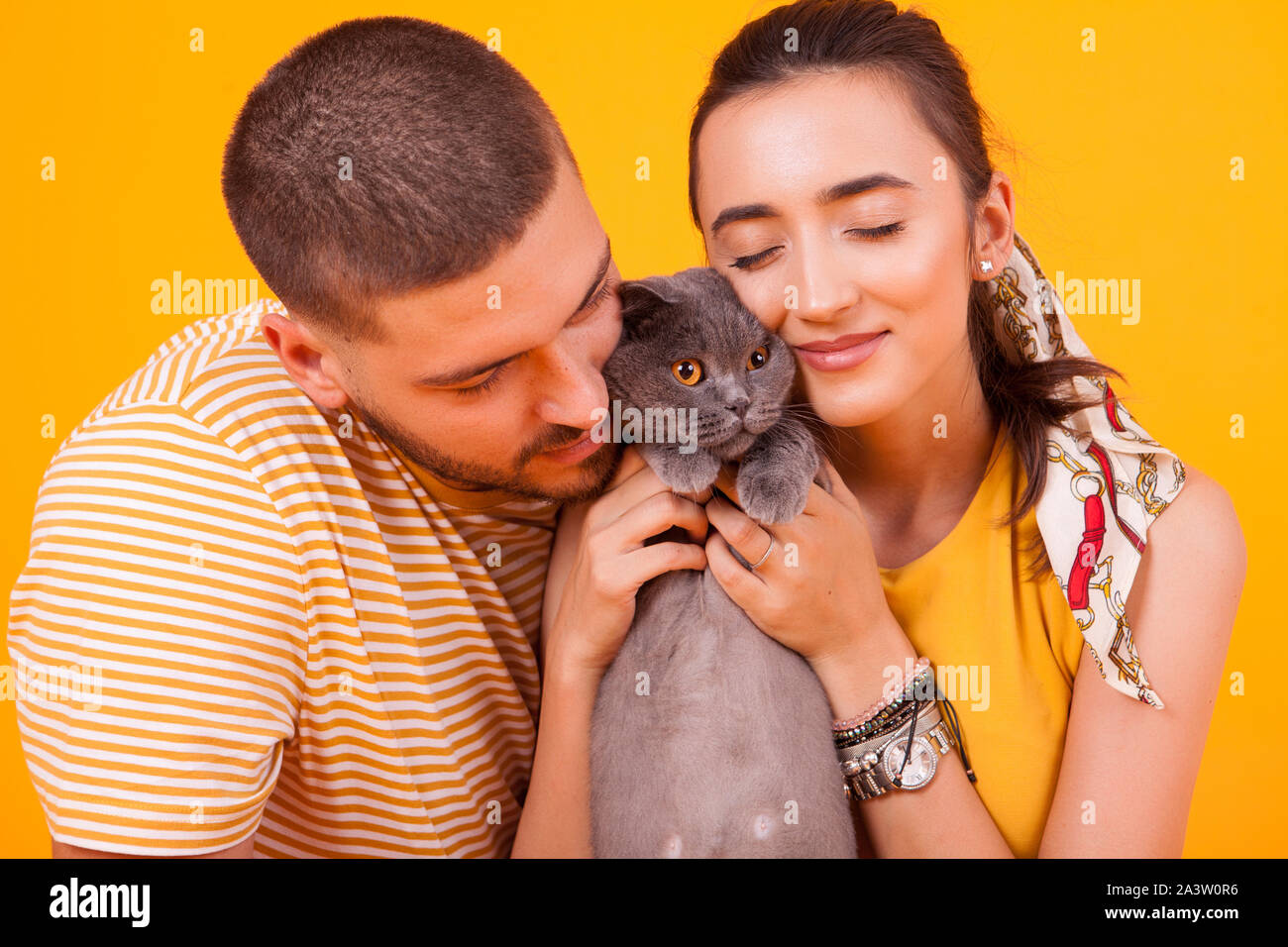 Happy young couple with their well-groomed cats poses in studio. Couple ...