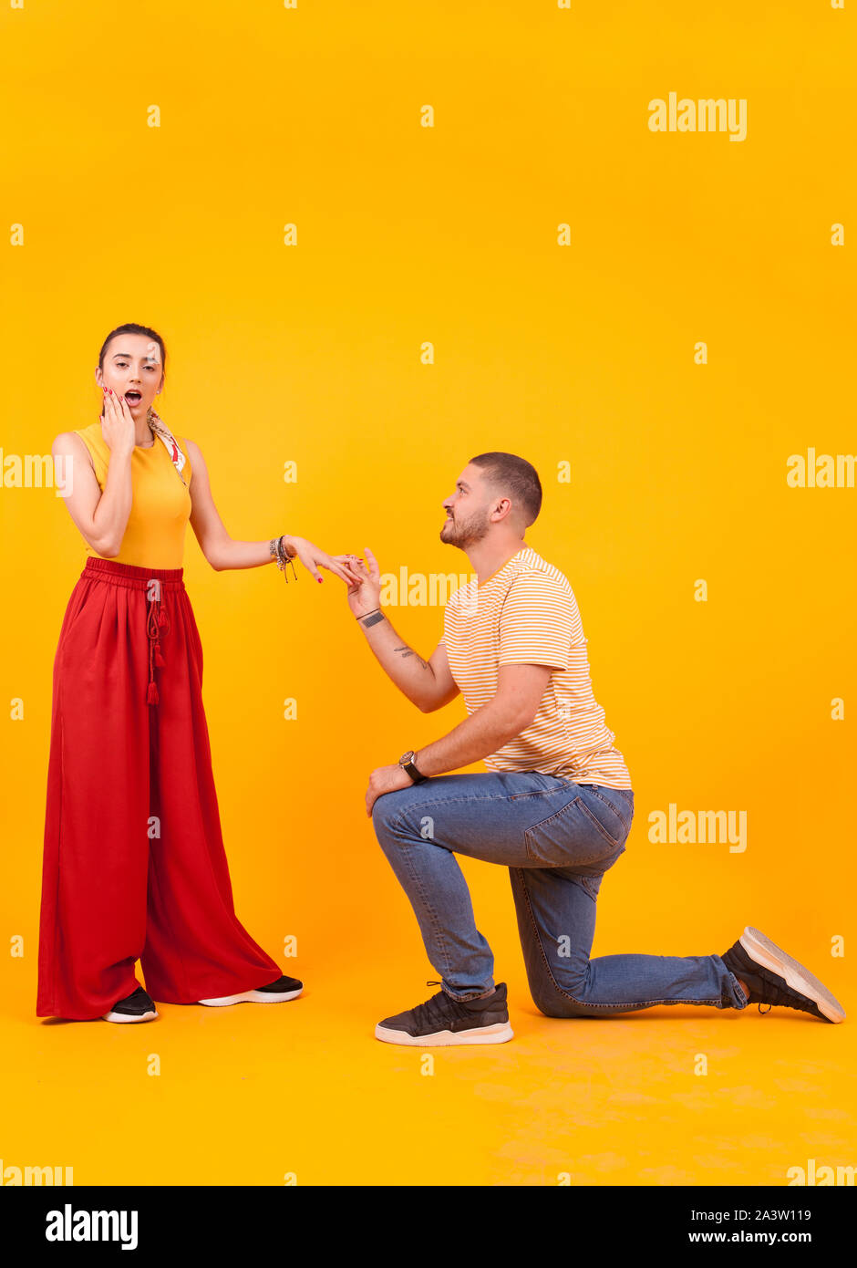 Boyfriend down on his knees asking girlfriend to marry him. Shocked ...