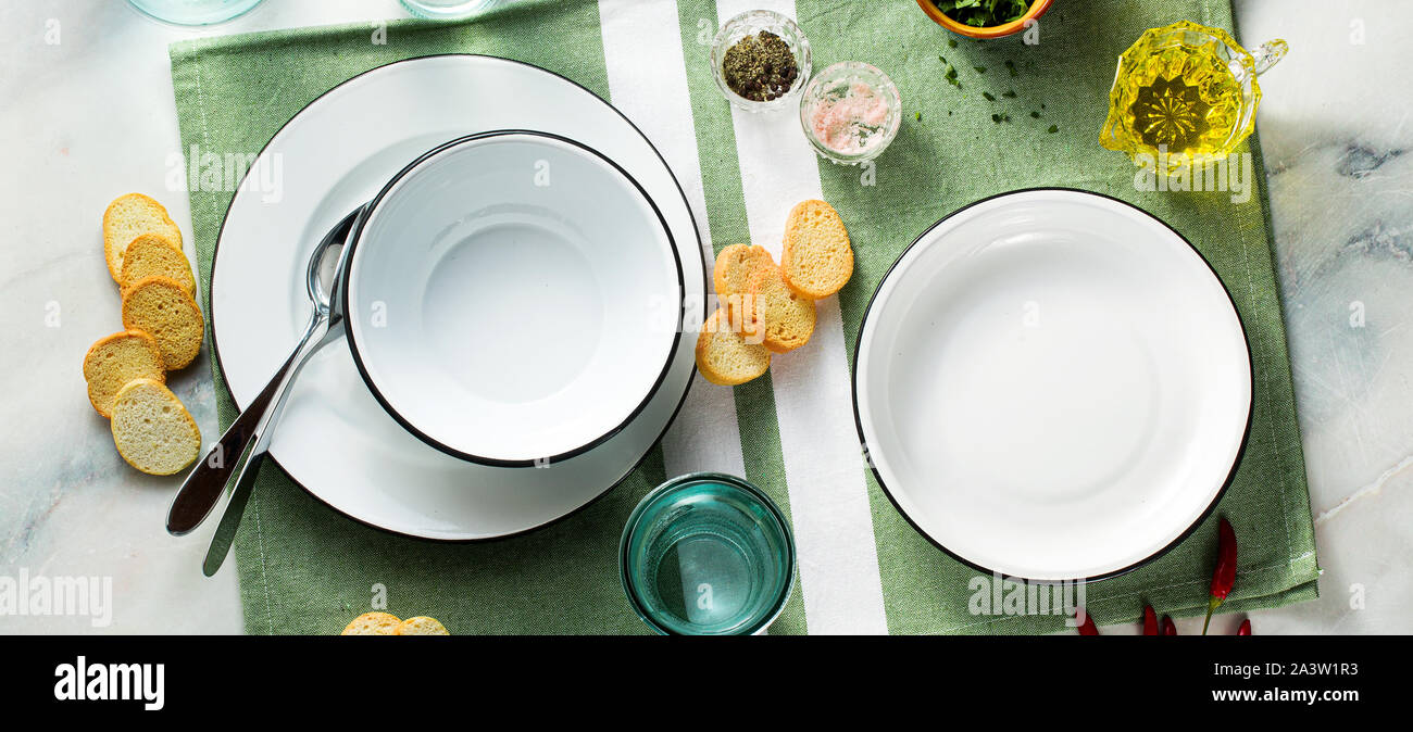banner of set of empty plates on a table. empty serving design form ...