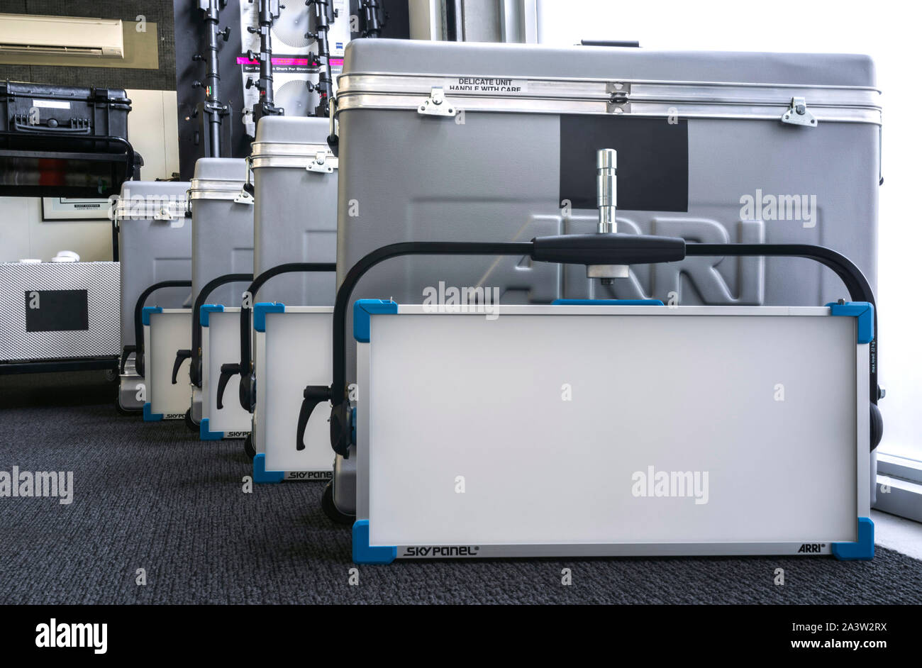 Modern Movie Lighting Equipment lined up waiting to go on the set of a ...