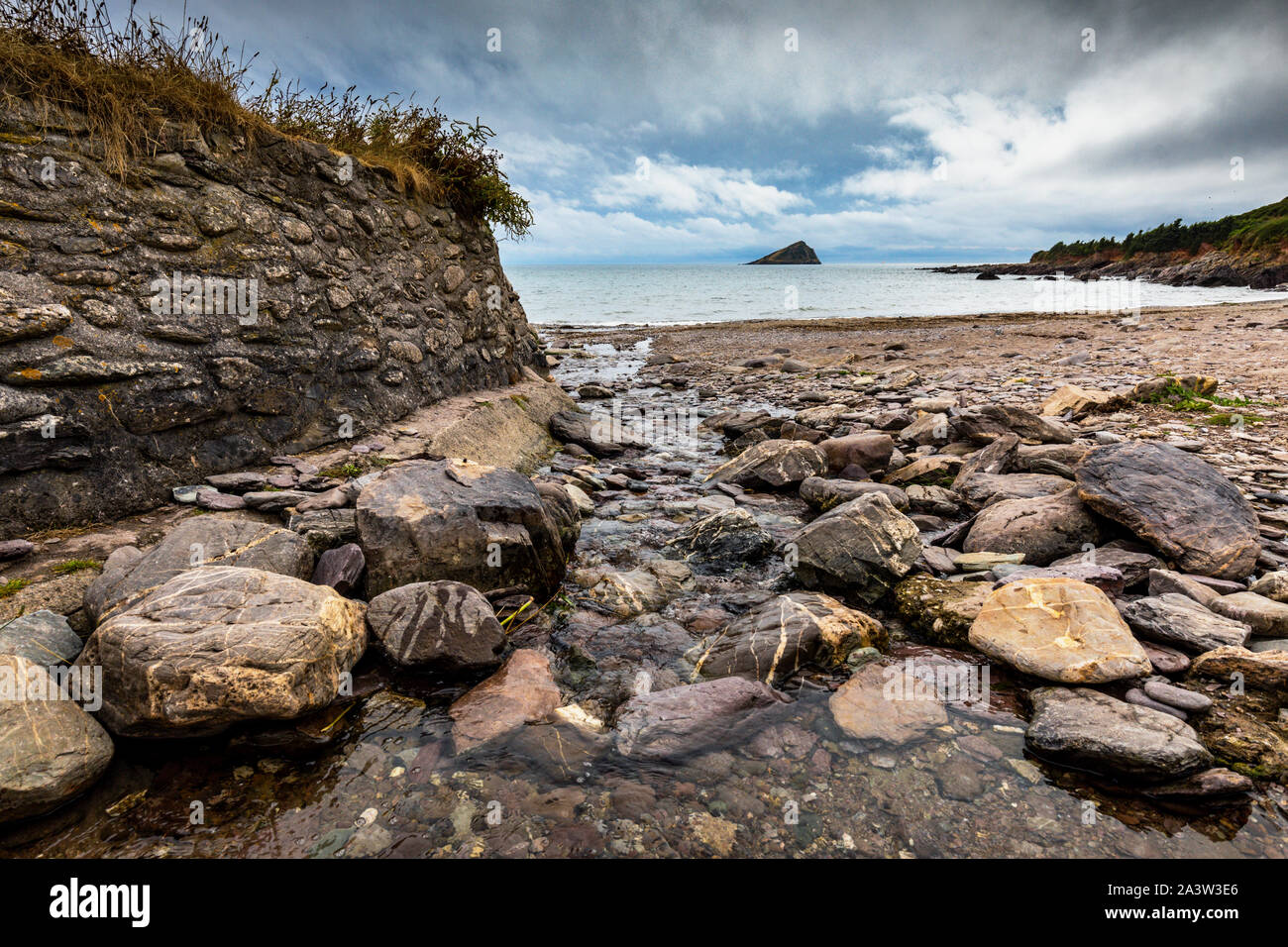 Wembury beach, near Plymouth, Devon. The rock in the distance is the ...