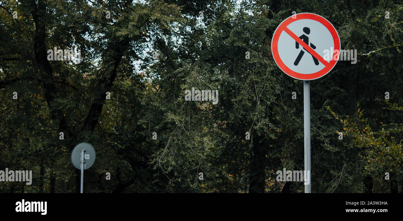 prohibition sign white with red on a background of leaves. prohibiting ...