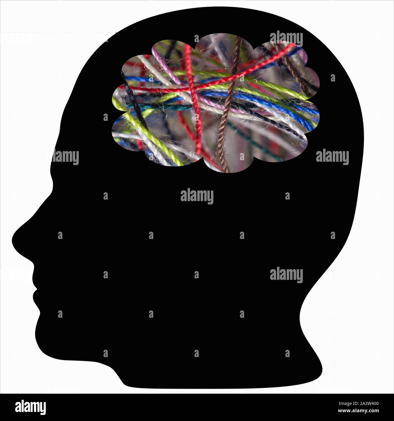 Human head with brain, chaotic clew thread brain, chaotic mind concept ...