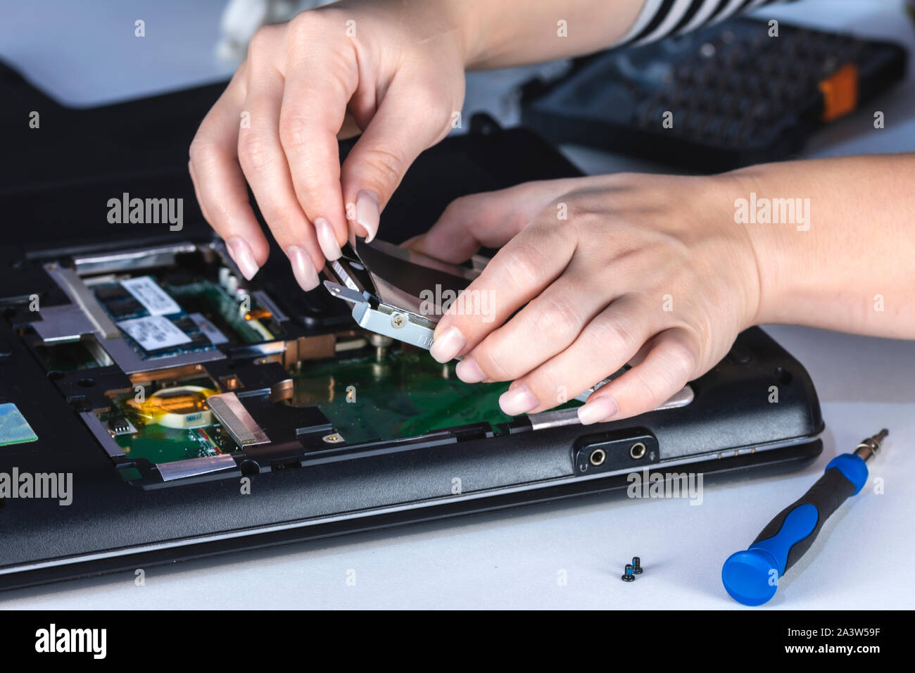 Woman engineer fix a computer, change the hard drive Stock Photo - Alamy