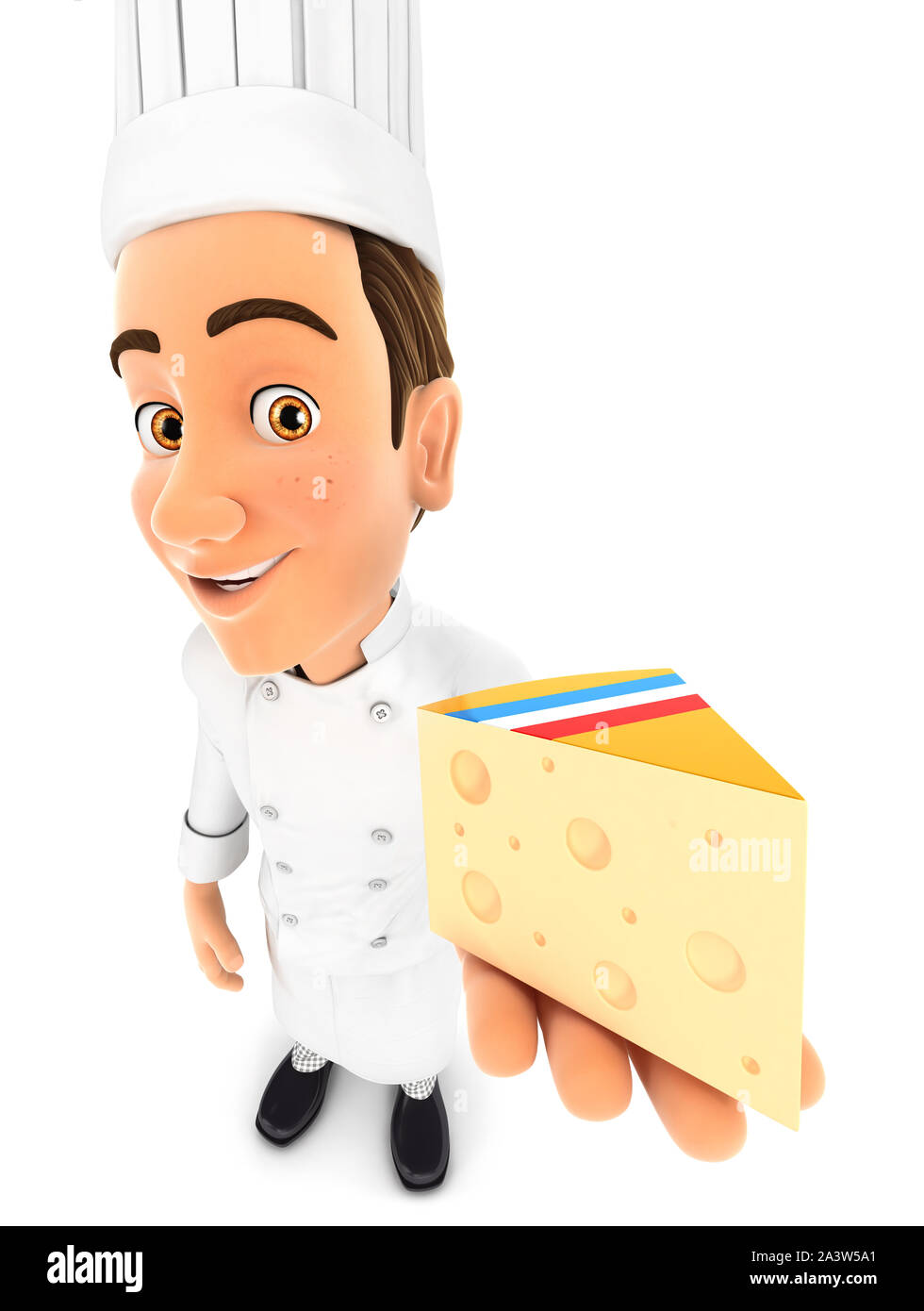 3d head chef holding piece of cheese, illustration with isolated white ...