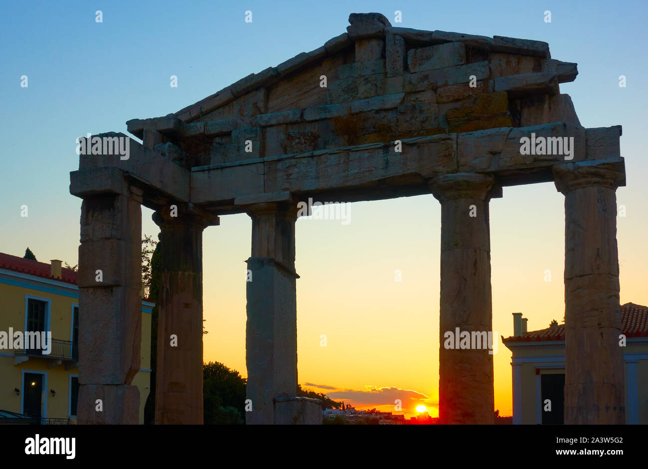 Silhouette of the Gate of Athena Archegetis at Roman Forum in Athens at ...