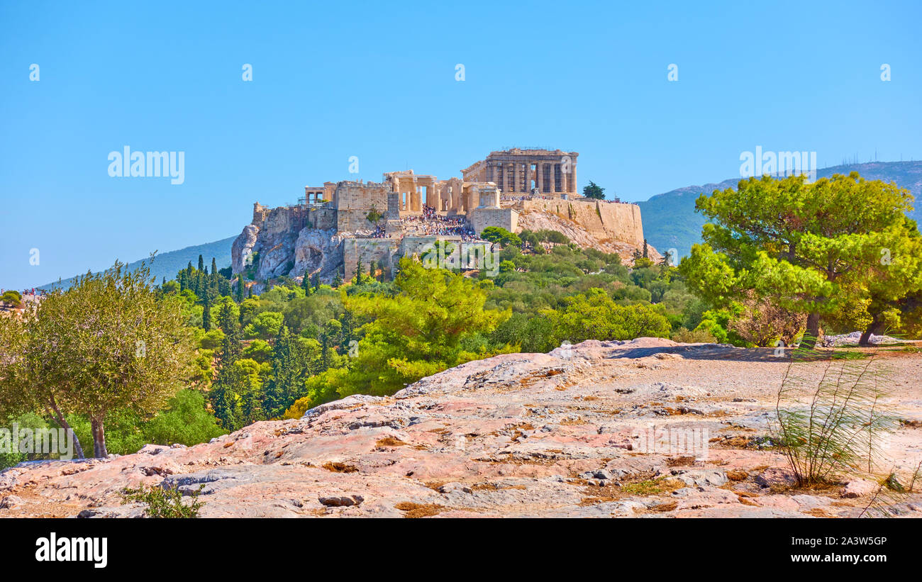 Panoramic view of the Acropolis in Athens fron the Hill of the Nymphs ...