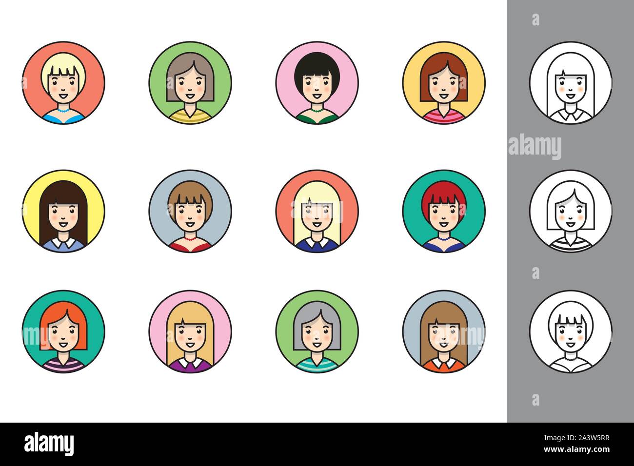 A set of female avatars, in flat style with black stroke. Variety of ...