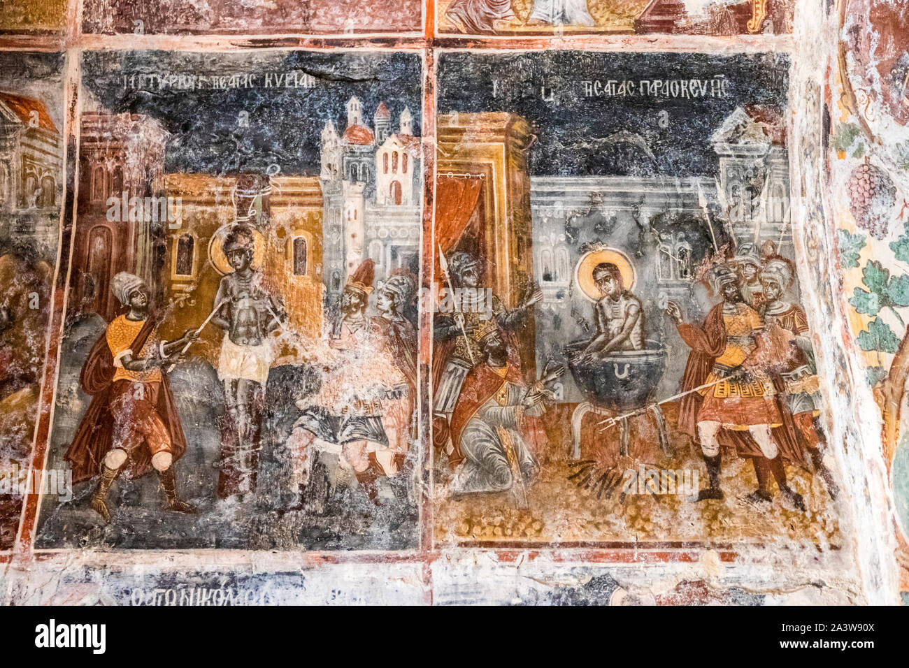 Mystras, Greece. Frescoes of Catholic martyrs inside Pantanassa ...