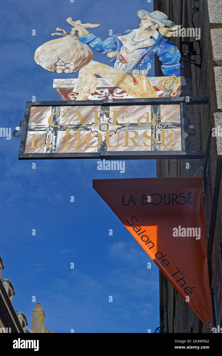 SAINT-MALO, FRANCE, September 30, 2019 : Old typical restaurant sign in ...