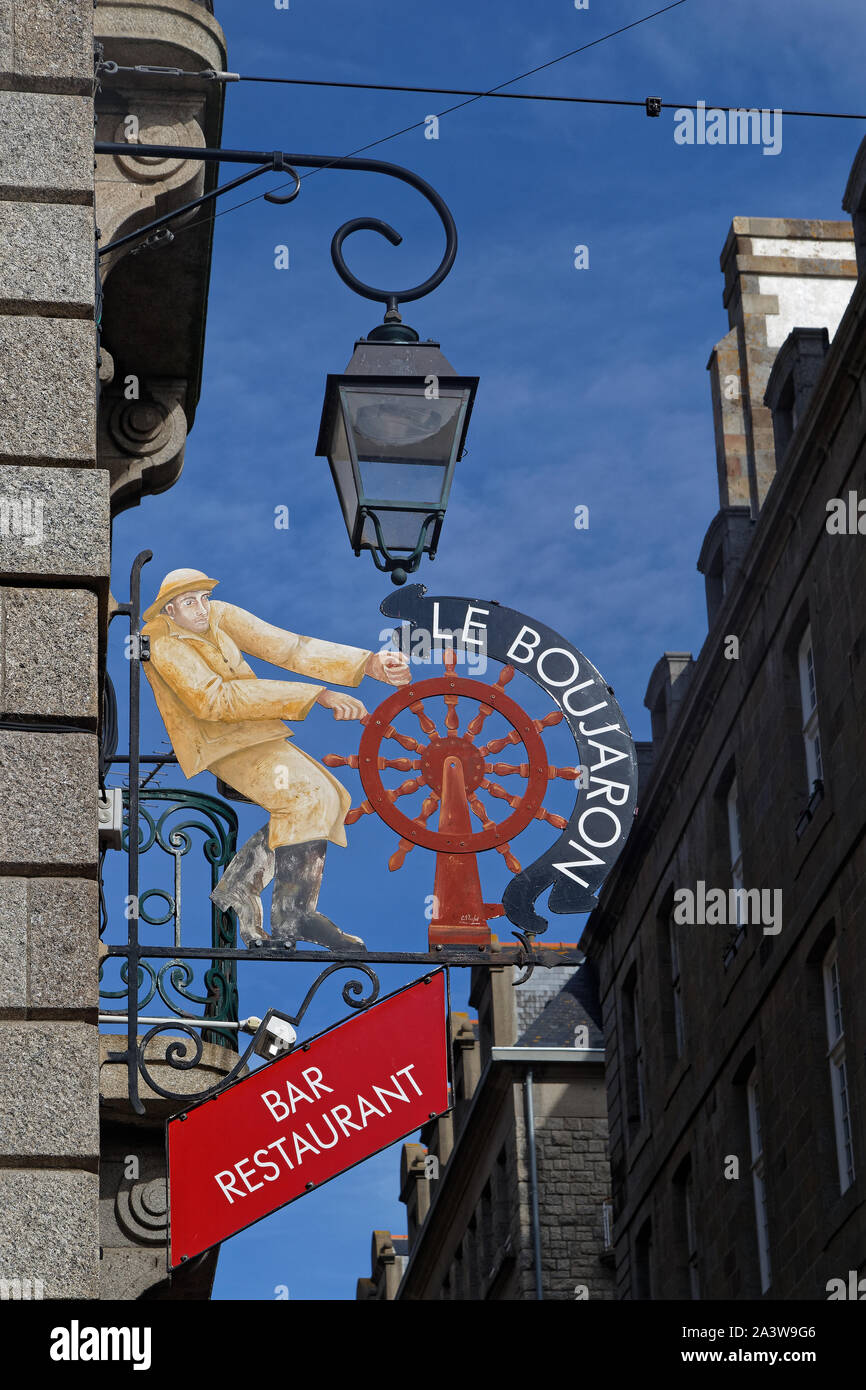 SAINT-MALO, FRANCE, September 30, 2019 : Old typical restaurant sign in ...