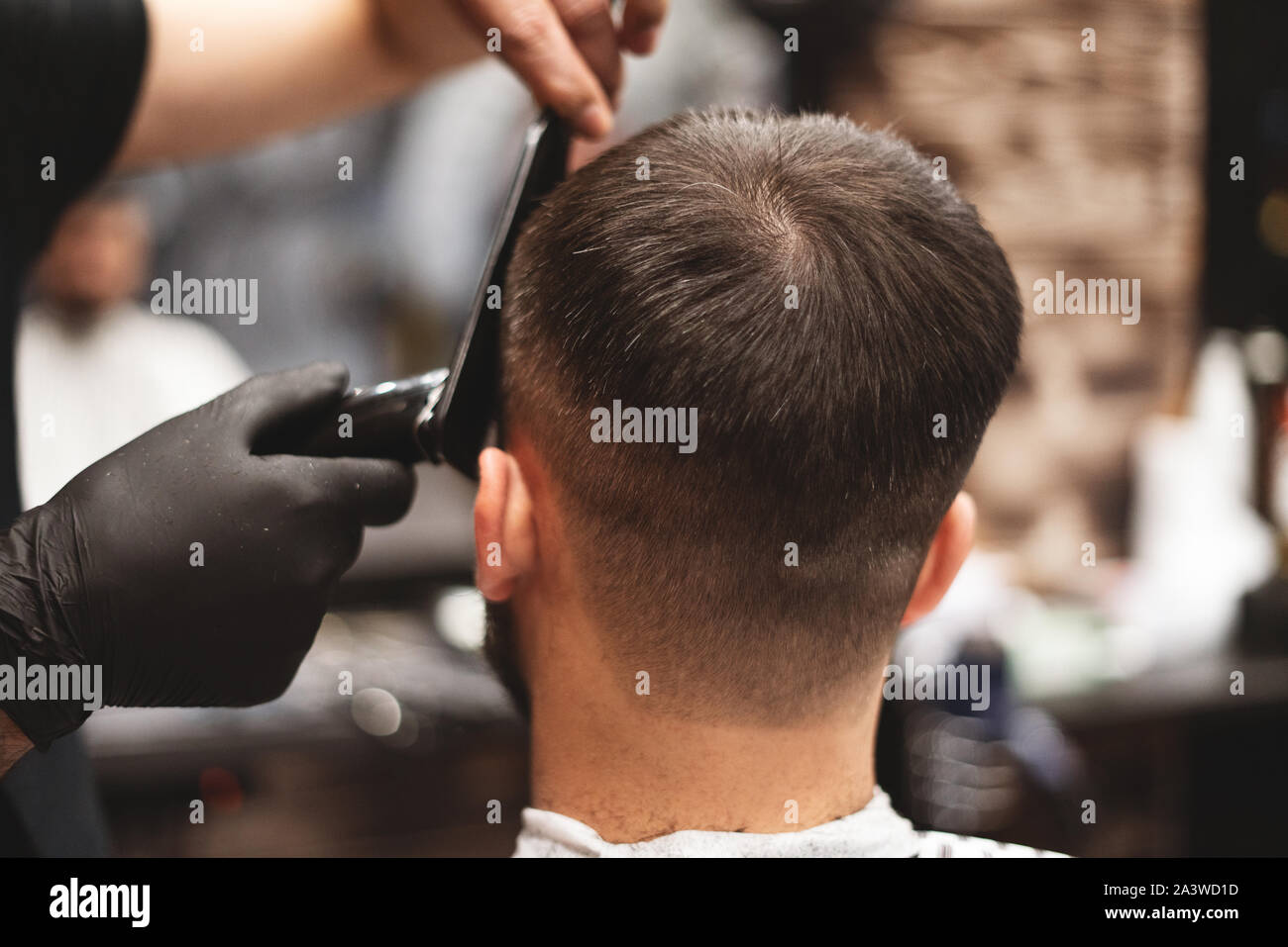 Haircut head in barbershop. Barber cuts the hair on the head of the ...