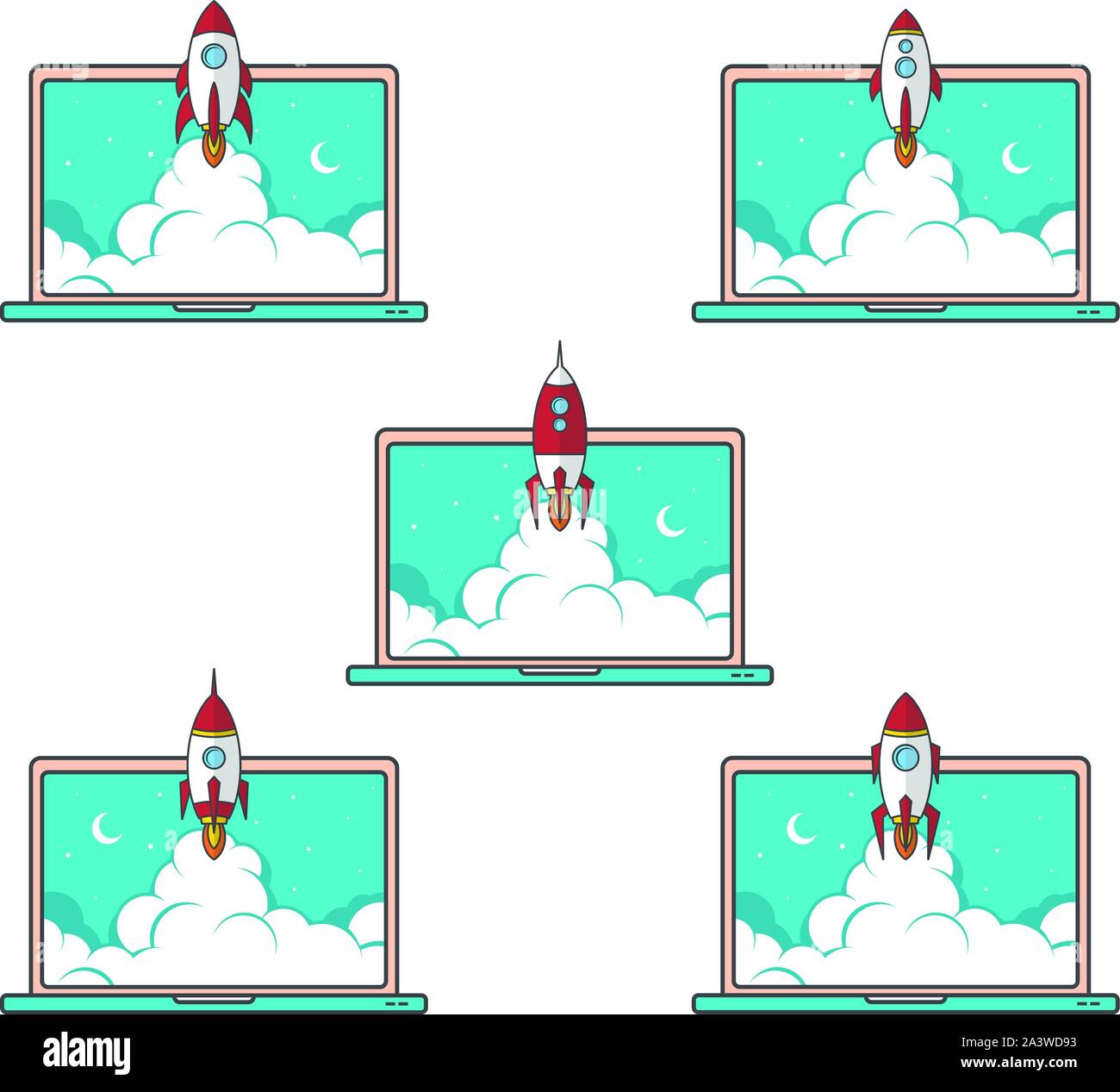 laptop notebook rocket booster vector art set collection Stock Vector ...