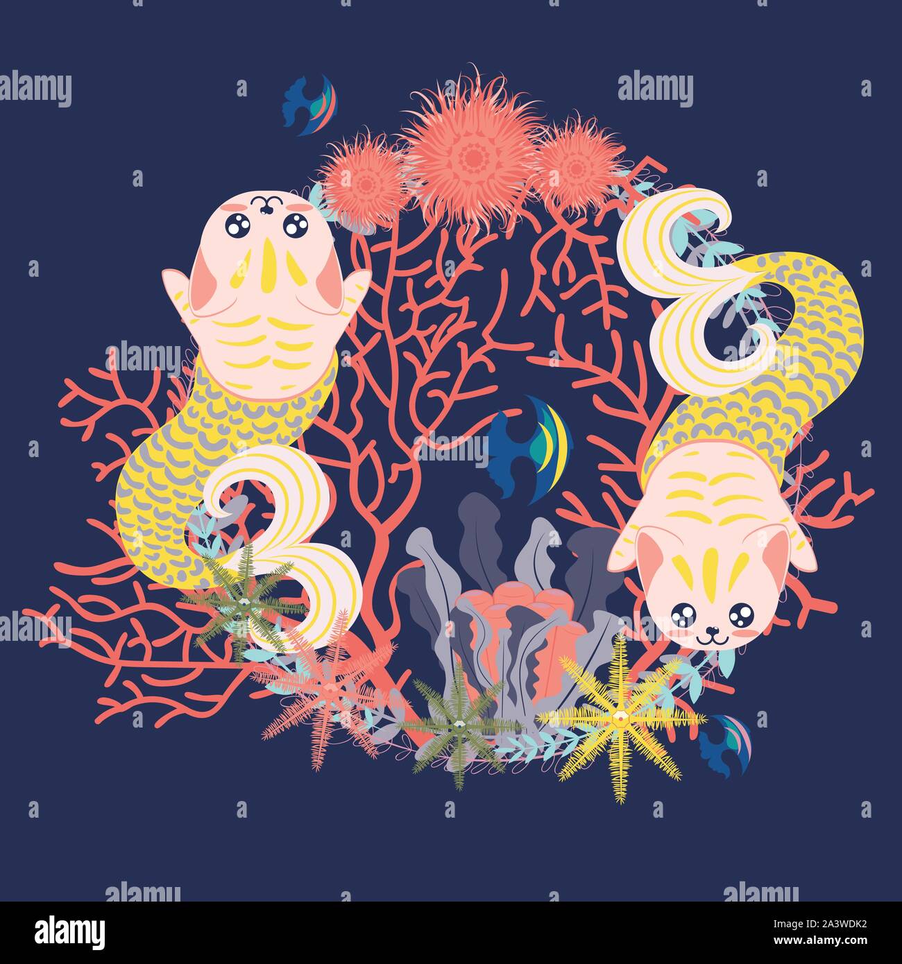 Cute cartoon mermaid cat with seaweed and coral, fantasy creation Stock ...