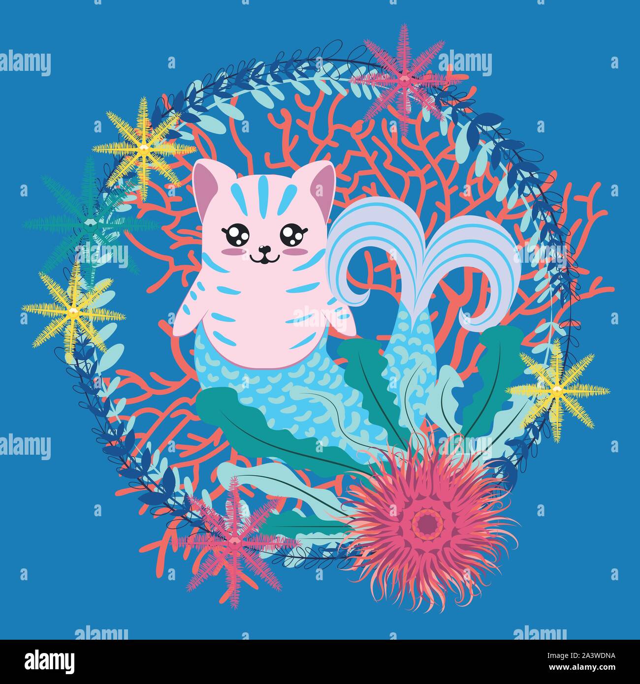 Cute cartoon mermaid cat with seaweed and coral, fantasy creation Stock ...
