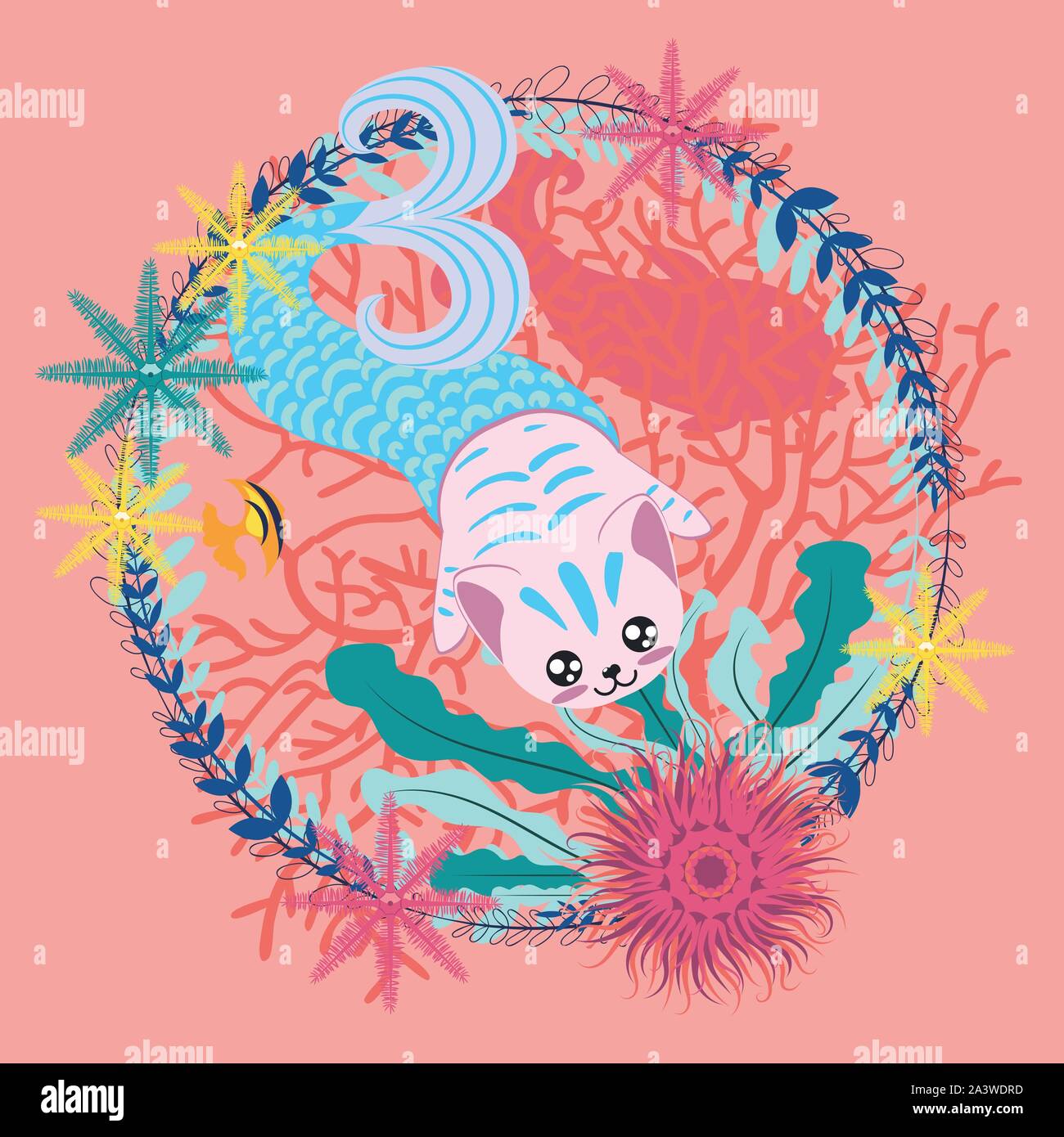 Cute cartoon mermaid cat with seaweed and coral, fantasy creation Stock ...