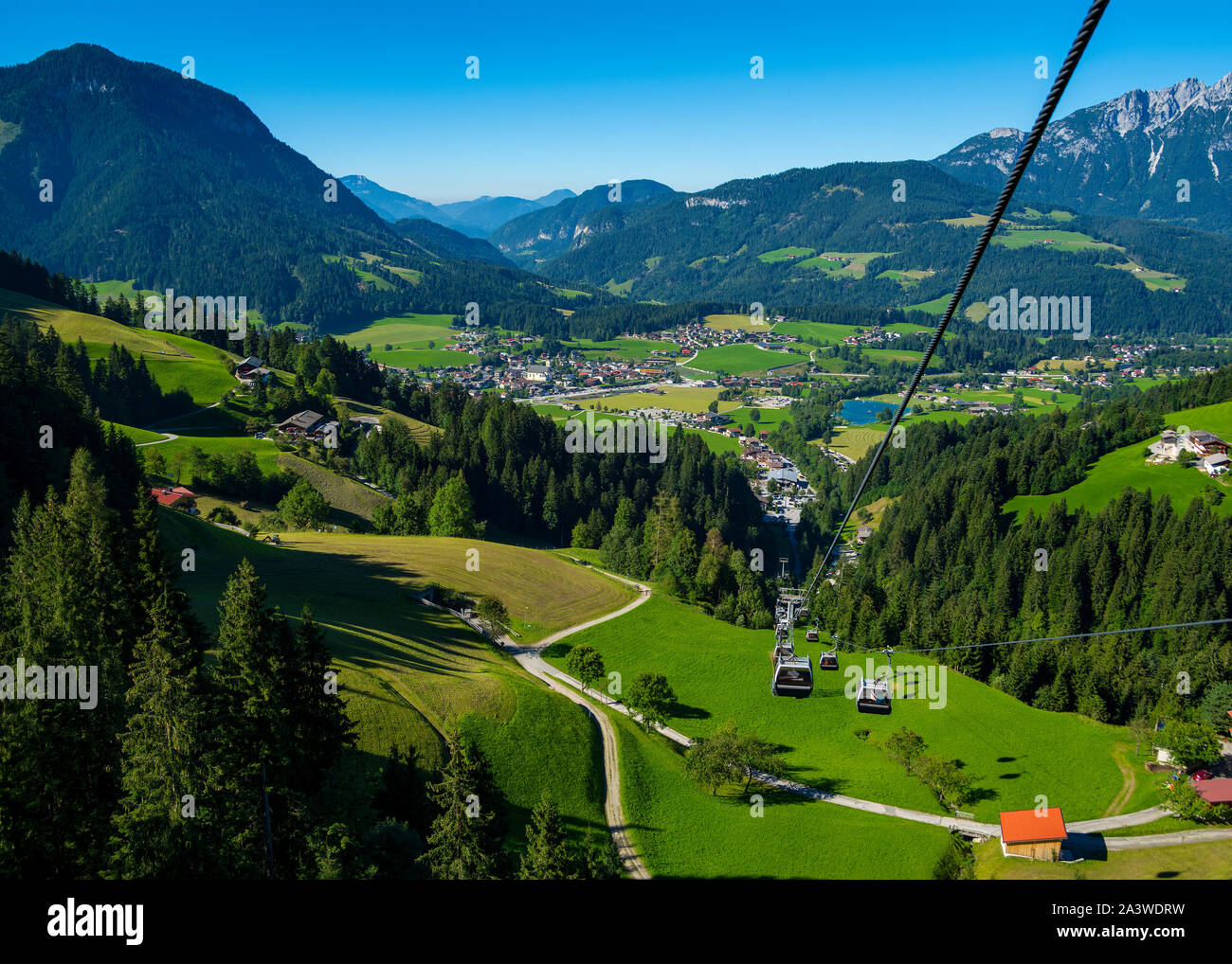 Beautiful landscape with Hohe Salve alps mountains and gondola cable ...