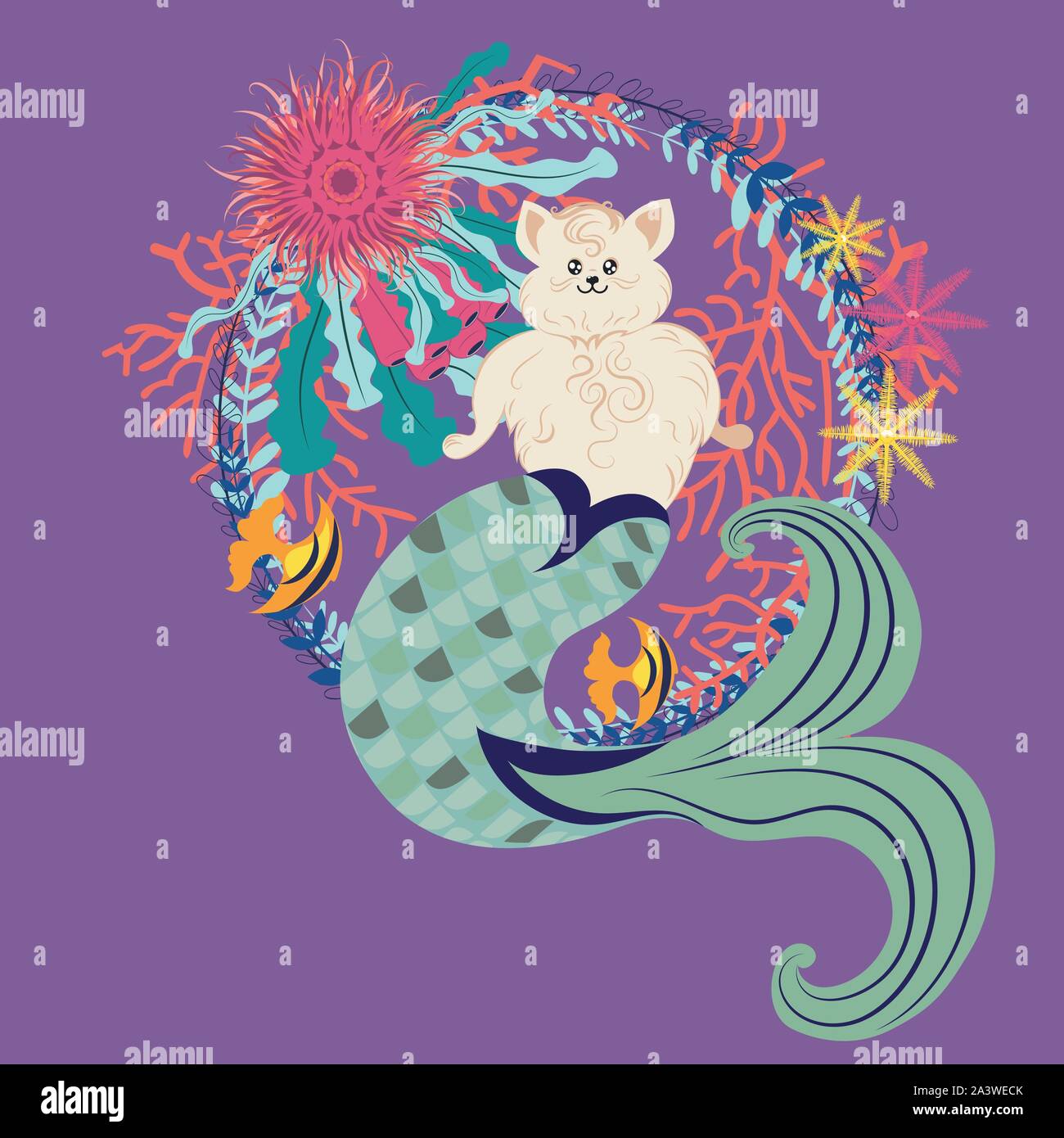 Cute cartoon mermaid cat with seaweed and coral, fantasy creation Stock ...