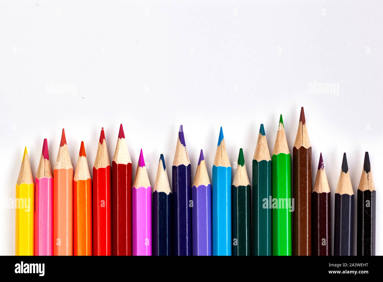 Set of colored pencils at the bottom of the frame in a row on a white ...