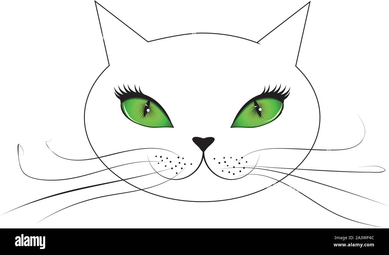 Abstract cartoon white cat face with green eyes and long whiskers Stock ...